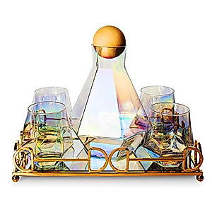 Diamond Iridescent Glass Diamond Decanter and Glasses Set, The Wine Savant Rainbow Iridescent Comes With A Diamond Decanter 4 Whiskey/Wine Diamond Glasses, 1 Tray and a Perfect Box