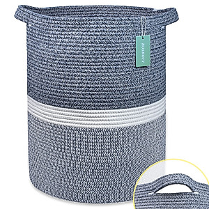 BOSROTY Large Blanket Basket, Tall Laundry Basket 72L, Nursery Hamper, Laundry Hamper, Clothes Basket Laundry, Large Storage Basket, Cotton Rope Basket, Toy Basket, 16”x 22”,Blend Navy Blue & White