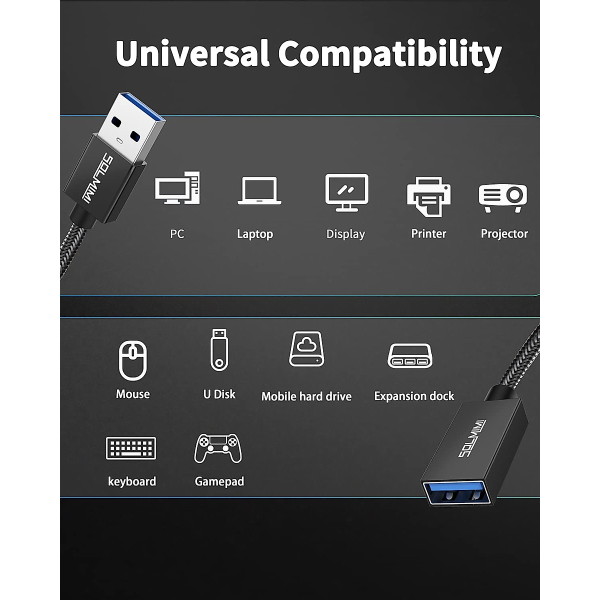 SOLMIMI USB Extension Cable, USB 3.0 A Male to USB A Female Cord, USB Extender Cable Compatible for PS4, PC, Laptop, TV, Headphone, Hard Drive, Keyboard, Mouse, Printer, Webcam (4FT/1.2M, Black)