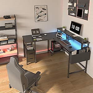 Lufeiya L Shaped Gaming Desk with Led Lights and Power Outlets, 47 Inch Corner Home Office Desk with Monitor Stand Shelves, Writing Study Computer Desks with Fabric Drawers for Bedroom, Black