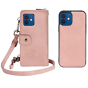 MODOS LOGICOS Crossbody Bag for iPhone 13 6.1" [Shoulder Wrist Straps] [Zipper Storage] [11 RFID Card Slots 3 ID Window] PU Leather Purse with Removable Inner Magnetic TPU Case - Rose Gold