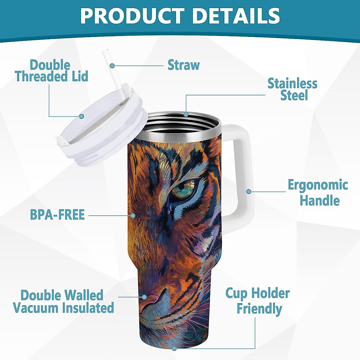 Msyxl 40 oz Insulated Stainless Steel Tumbler with Handle and Straw Lid - Leak-proof Coffee Mug for Men Women, Travel Mug Fits Cup Holder (Close-up Tiger Face)