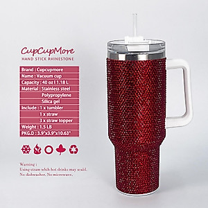 Cupcupmore 40oz Burgundy Red Bling Rhinestone Stainless Steel Sippy Tumbler Glitter Vacuum Insulated Water Bottle with Straw & Lid &Handle,Thermos for Hot & Cold Drinks,Car Cup Holder,Coffee