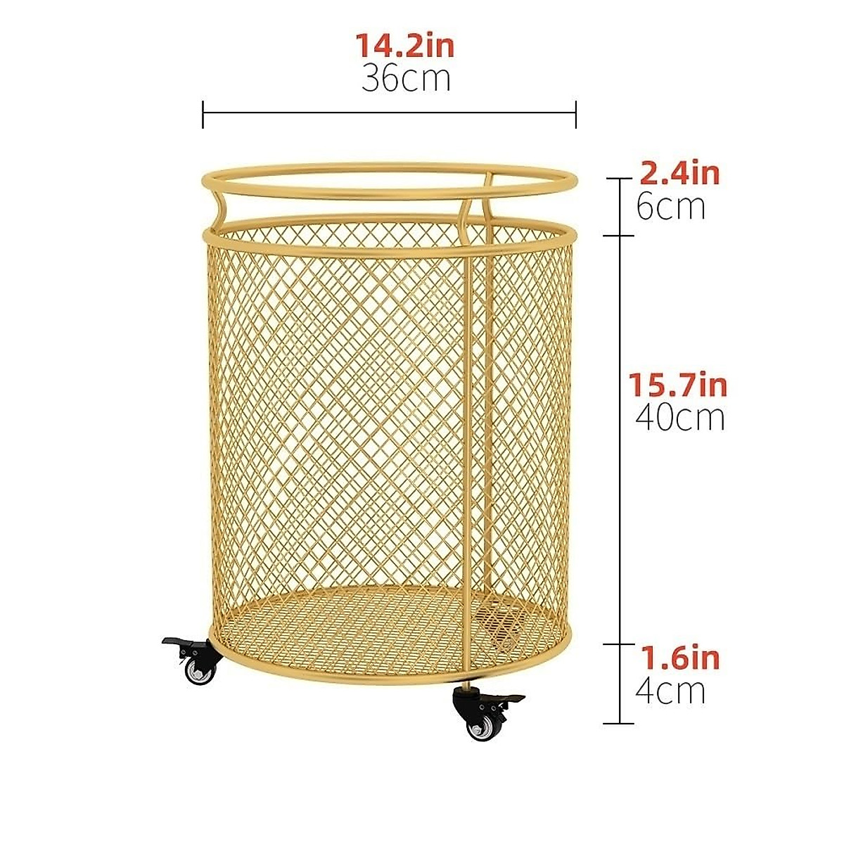 YDKJWB Metal Laundry Basket with Wheels, Round Mesh Dirty Clothes Hamper, Gold/Black/White Laundry Hamper, Storage Basket for Bathroom, Laundry Room, Living Room, Bedroom (Color : Gold)