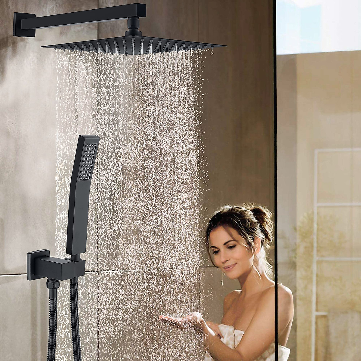 DMDMBATH Shower System Matte Black with 10 inch Rain Shower Head High Pressure Shower Faucet Set Shower Fixture Complete Combo Set Bathroom Bathtub Shower Trim Systems (Matte Black)