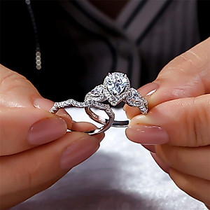 Jeulia 3 Carat Women Three Stone Wedding Ring Set 925 Sterling Silver Pear Cut CZ Engagement Rings Halo Twist Eternity Promise Rings Anniversary with Jewelry Gift (Silver, 9.5)