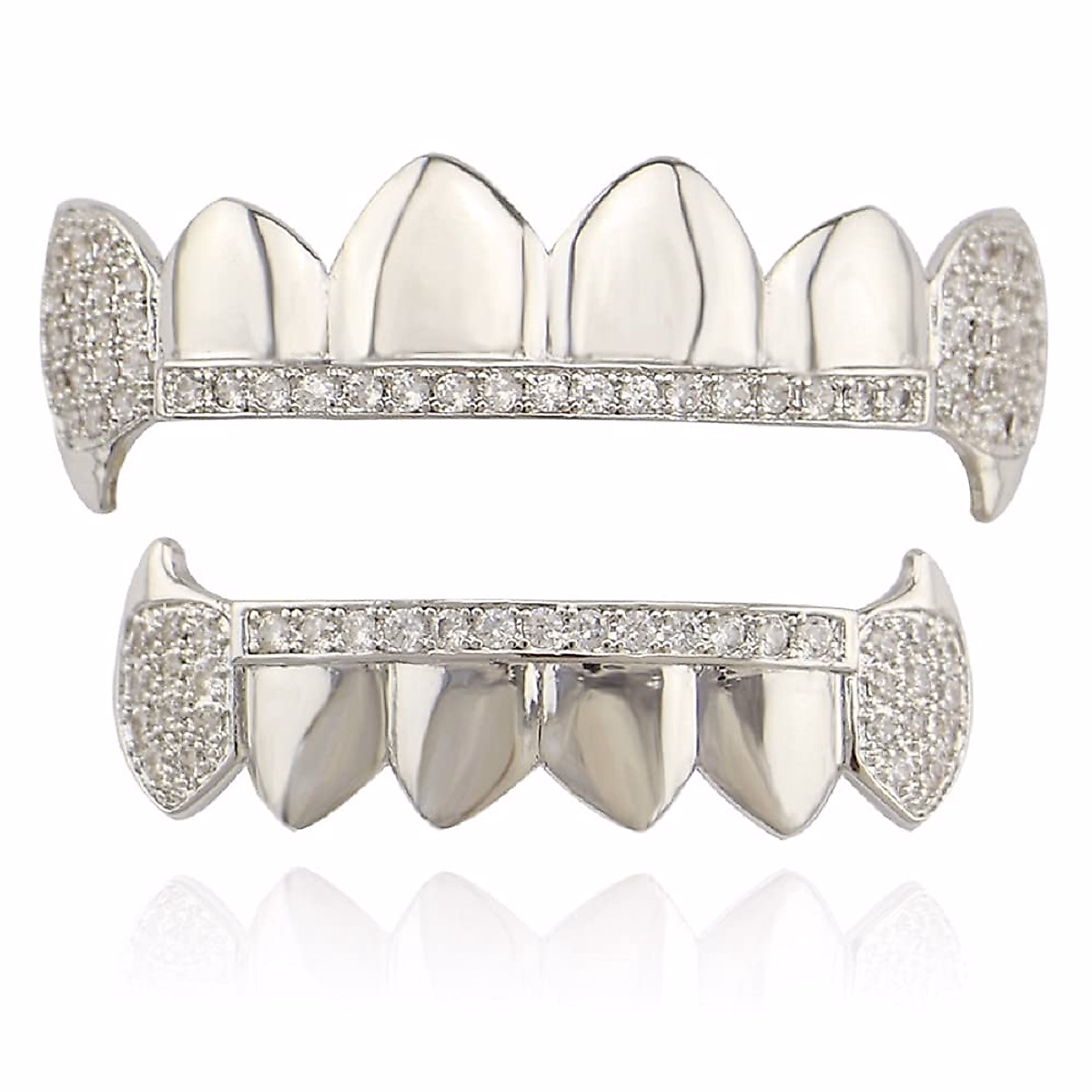 Psivika Gold Plated Shiny Hip Hop Teeth Grillz Caps Iced Out CZ Top and Bottom Vampire Fangs Grillz with Diamonds for Your Teeth for Men and Women (Silver)