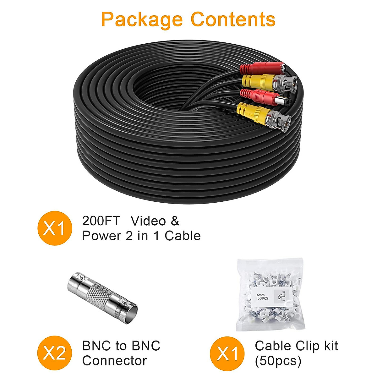 WILDHD 200ft Bnc Cable All-in-One Siamese Video and Power Security Camera Cable, Extension Wire Cord with 2 Female Connectors for All Max 5MP HD CCTV DVR Surveillance System (200ft Cable, Black)