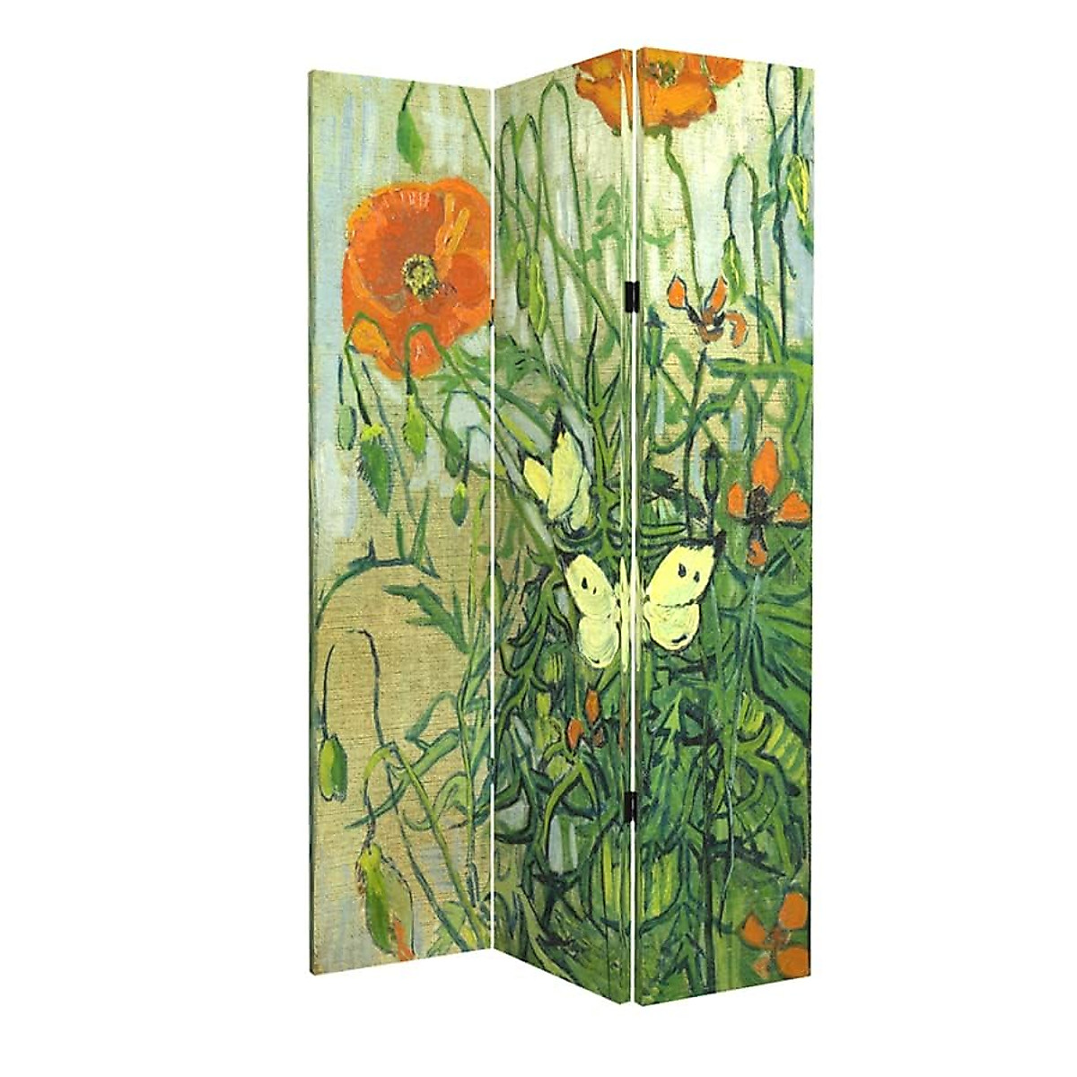 HOZUSO Room Divider Wood Privacy Screens Van Gogh's Butterflies and Poppies Painting Canvas 3-Panel Foldable Portable Separating Divider Room Partitions Freestanding Home Decor 71'' High