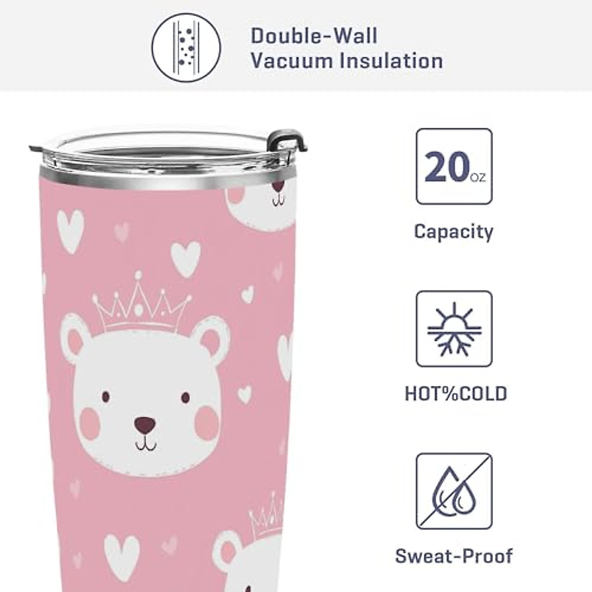 Cartoon Cute White Valentine Bear Stainless Steel water bottle with straw Leak-proof Lid and Straw travel coffee mug spill proof for Home, Office or Car cute straw tumbler 20 OZ