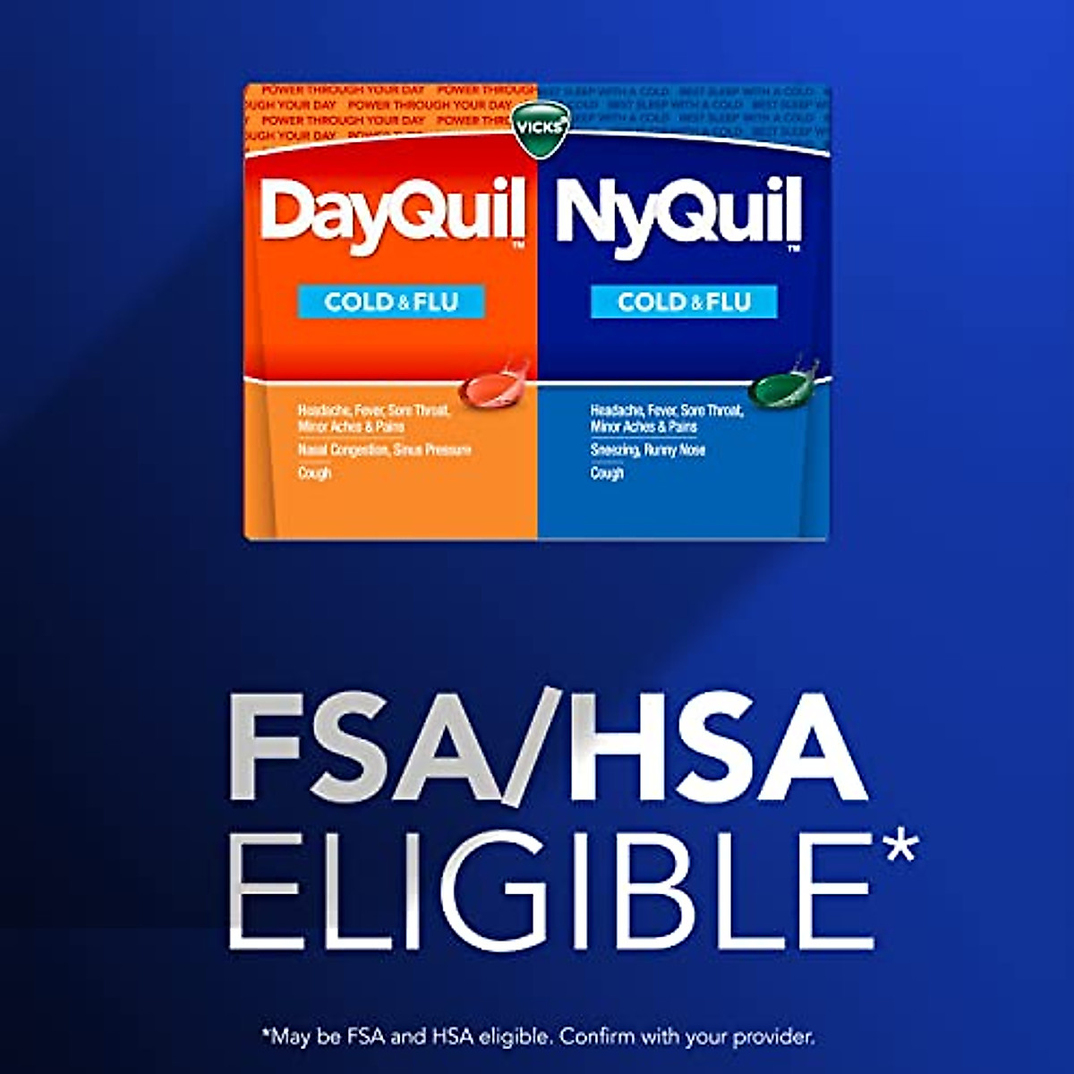Vicks DayQuil and NyQuil Combo Pack, Cold & Flu Medicine, Powerful Multi-Symptom Daytime And Nighttime Relief For Headache, Fever, Sore Throat, Cough, 72 Count, 48 DayQuil, 24 NyQuil Liquicaps