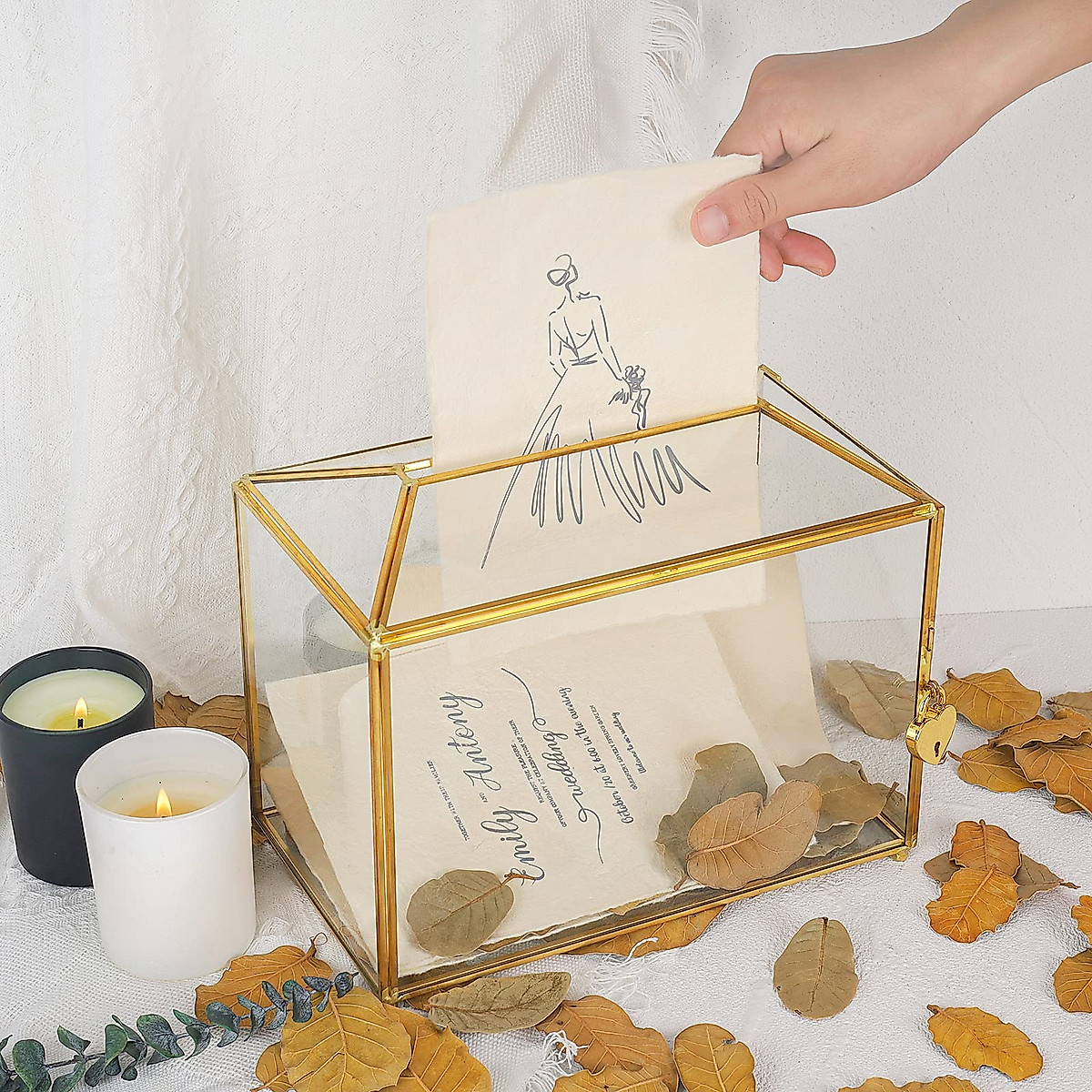 REDHUGO 10.2x5.9x7.9 in Medium Glass Card Box Handmade with Slot and Lock, Wedding Card Boxes for Reception, Graduation, Gift Cards, Party, Brass Geometric Terrarium, Golden Decorative Box