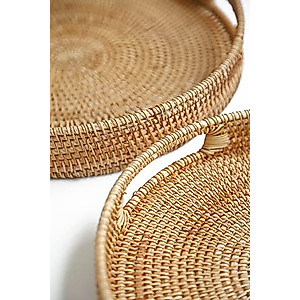 HITOMEN Hand-Woven Round Rattan Serving Tray Decorative Wicker Trays with Handles for Coffee Table