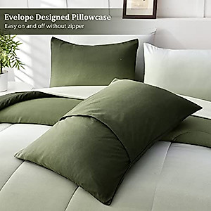 7 Pieces Gradient Olive Green Comforter Set Queen - Lightweight Green Bed in a Bag Queen Size Set, All Season Down Alternative Complete Bedding Set with Flat/Fitted Sheet, Pillowcases and Pillow Shams