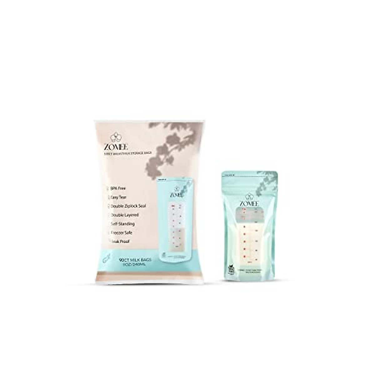90 Count Zomee Breast Milk Storage Bags - 8 OZ/240 ML, Leak Proof, Double Zipper Seal, Self-Standing, for Storage of Breast Milk in Fridge or Freezer