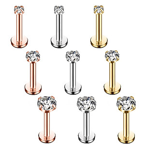 Ruifan 9PCS 16G 2mm 3mm 4mm Clear Cubic Zirconia Labret Monroe Lip Ring Tragus Helix Earring Stud Barbell Piercing Jewelry Bar Length 6mm