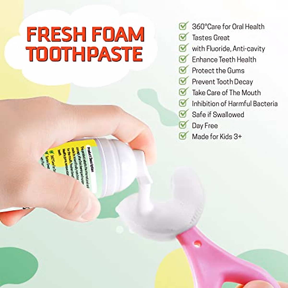 Foam Toothpaste Kids, Toddler Toothpaste with Low Fluoride, Kids Foam Toothpaste for U Shaped Toothbrush Electric Toothbrush, Foam Toothpaste for Children Kids Ages 3 Plus (Watermelon+Strawberry)