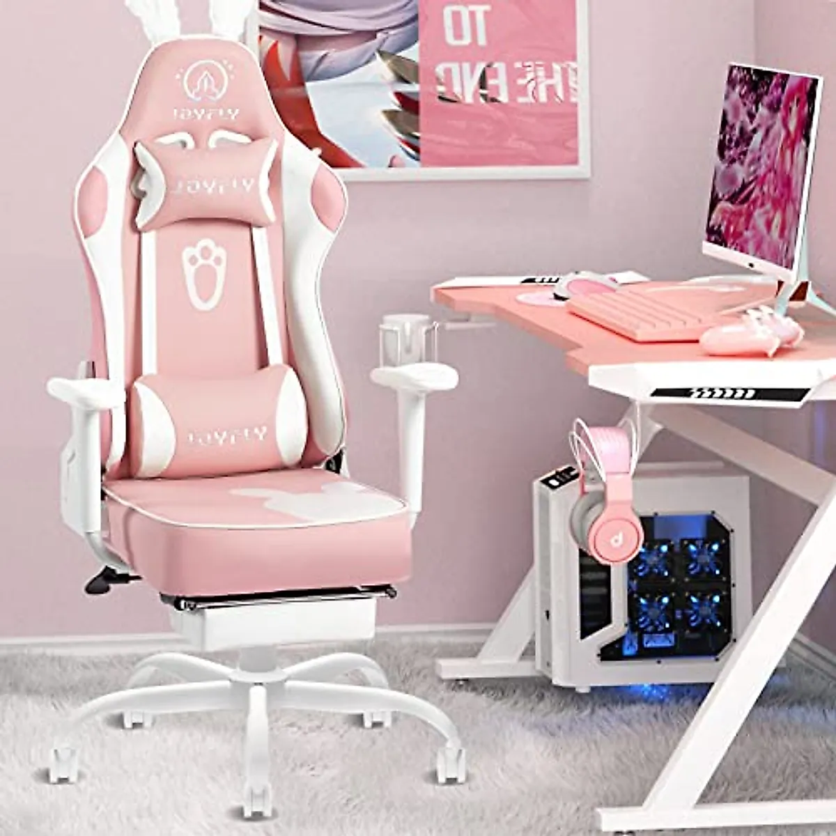 JOYFLY Pink Gaming Chair, Gamer Chair with Footrest for Girls Ergonomic Racing Style Computer PC Office Chair with Bunny Ears for Adults Teens, Headrest and Lumbar Support, 350lbs, Gift, Pink