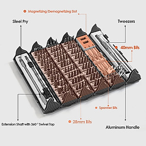 Precision Screwdriver Set Cylinder Organizing Case 128pcs in 1 Case S2 Alloy Steel HRC 56 Hardness Bits Space-saving Roll-up Case Professional Toolset Magnetizing Bit Heads for most sizes (9906)