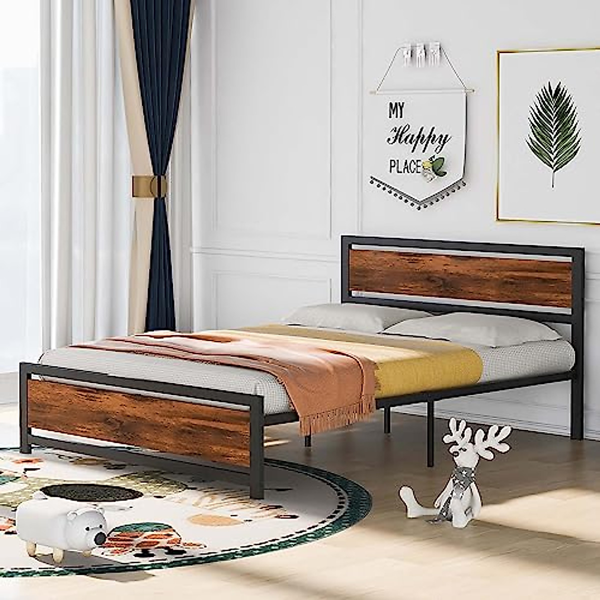 GERDIOEB Twin Size Wood Platform Bed Frame with Headboard, Classic Platform Bed with Footboard/Strong Wood Slat/Under Storage Space for Bedroom Girls, No Box Spring Needed (Black, Queen)