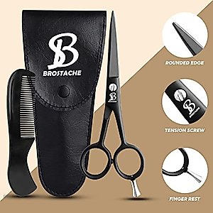 BROSTACHE Beard & Mustache Scissors for Men 5”, 2 comb & Leather Travel Pouch , Hand forged with Bevel edge For precision, Grooming Kit for Men with Extremely Sharp Scissors & Adjustable Screw