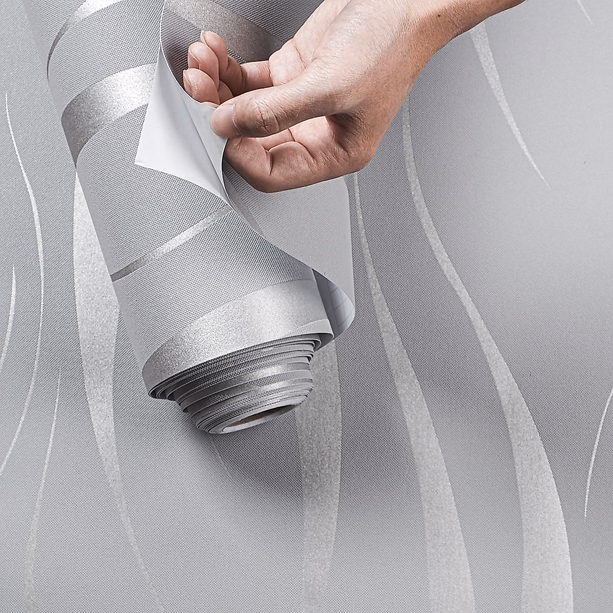 yuyiqi Peel and Stick Wallpaper, Length 20.8" Width 393" Per Roll, Non-Woven 3D Modern Print Embossed Stripe Fashion Wallpapers for Livingroom, Bedroom, Kitchen and Bathroom, Silver Grey