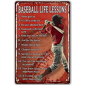 Retro Baseball Tin Sign Vintage Baseball Decor For Boys Room Baseball Life Lessons Metal Signs Motivational Workout Baseball Sports Posters For Boys Bedroom Never Give Up Wall Art Decor Personalized Baseball Gifts Red Decorations For Home Bar Classroom Si