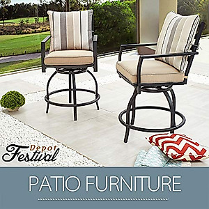 Festival Depot 2pcs Bar Bistro Outdoor Patio Furniture 360° Swivel Chairs Armrest Height Stools with Soft & Comfort Cushion Metal Steel Frame Legs for Lawn Garden Deck Poolside All-Weather (Original)