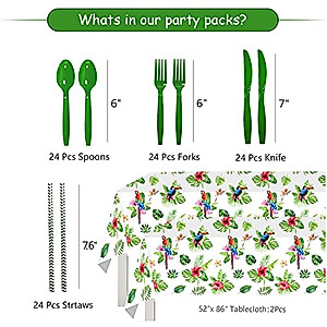 FVABO Hawaiian Luau Party Supplies Tableware - Aloha Tropical Party Dinnerware Include Plates, Cups, Napkins, Cutlery, Tablecloth, Straws, For Hawaiian Theme Birthday Party Decorations | Serves 24