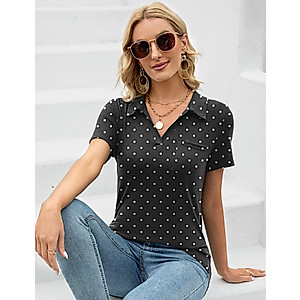 Black Collared Shirts for Women V Neck Golf Polos Short Sleeve Tunic Tops Business Casual Blouse Office Polka Dot L