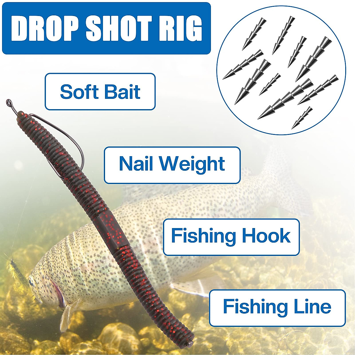 35pcs Nail Weights Kit Tungsten Insert Fishing Weights Sinkers Wacky Worm Nail Sinkers Pencil Weights for Bass Fishing Tackle in Various Sizes