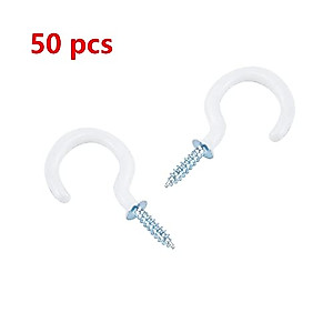 Antrader 50 Pack White Vinyl Coated Screw-in Ceiling Hooks Nickel Plated Metal Cup Hooks 1-4/5 Inch Long