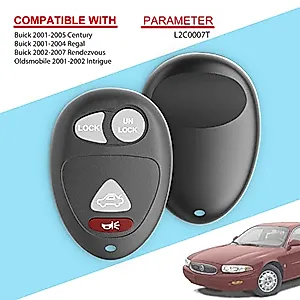 Keyless Entry Remotes Car Key Fob Compatible with Buick Century/Pontiac Aztek 2001 2002 2003 2004 2005 FCCID: L2C0007T 10335582-88, Self-Programming (Pack of 2)