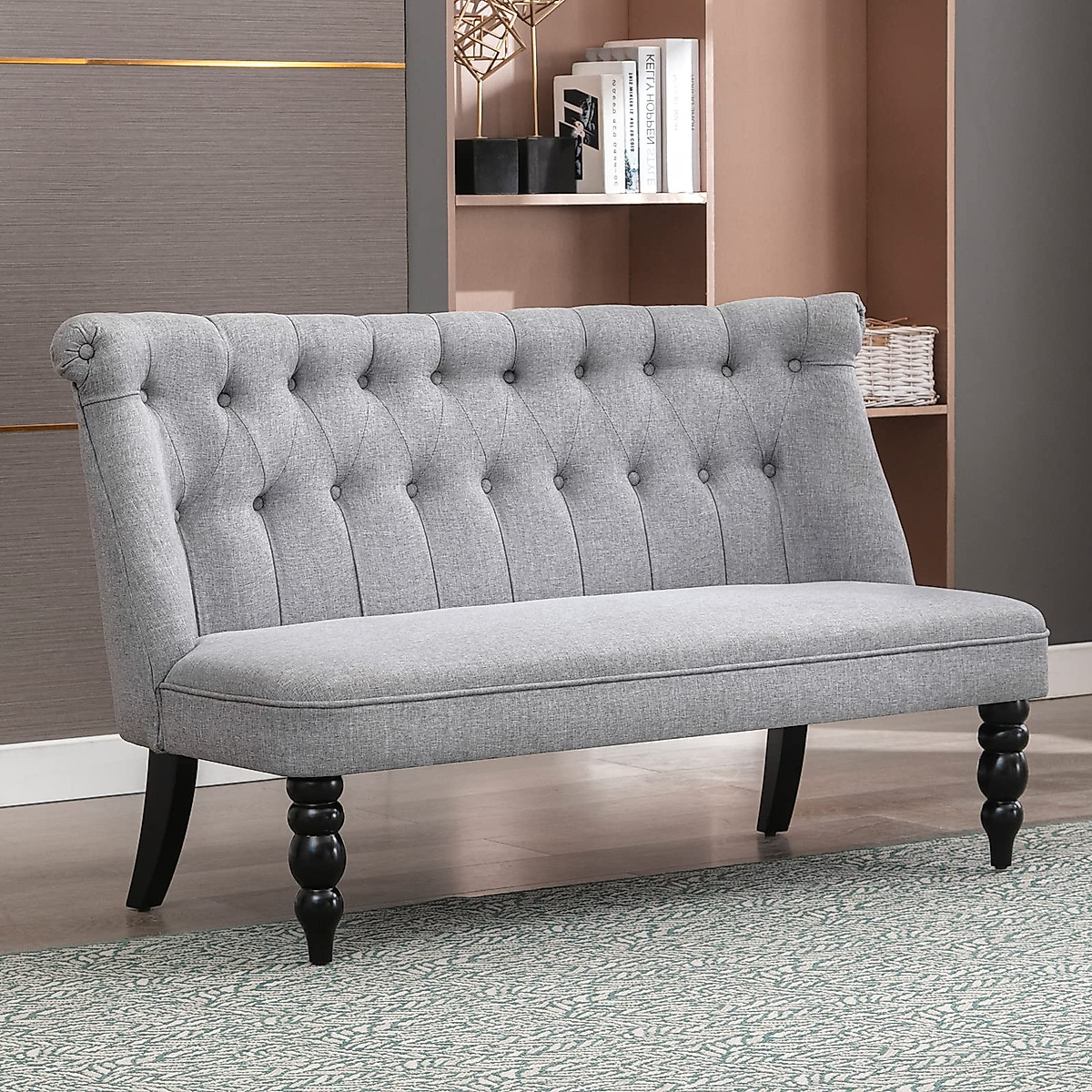 Mixoy Upholstered Loveseat Settee Sofa, with Tufted Button Backrest & Chic Legs, European Armless Loveseat Dining Bench for Dining/Living Room Hallway or Entryway Seating(Light Grey1)