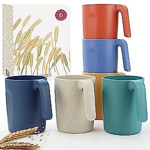 Wrova 16oz Wheat Straw Cups with handles set of 6-Plastic Cups Reusable-Unbreakable Wheat Straw Cups-Dishwasher Safe & Microwave Safe-Ideal Mugs for Tea,Coffee,Camping,RV-Vibrant Color