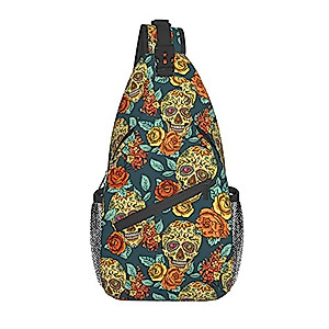 Skull And Flowers Sling Bag For Women Men Crossbody Shoulder Backpack Unisex Chest Bags Water Resistant Travel Hiking Casual Daypack