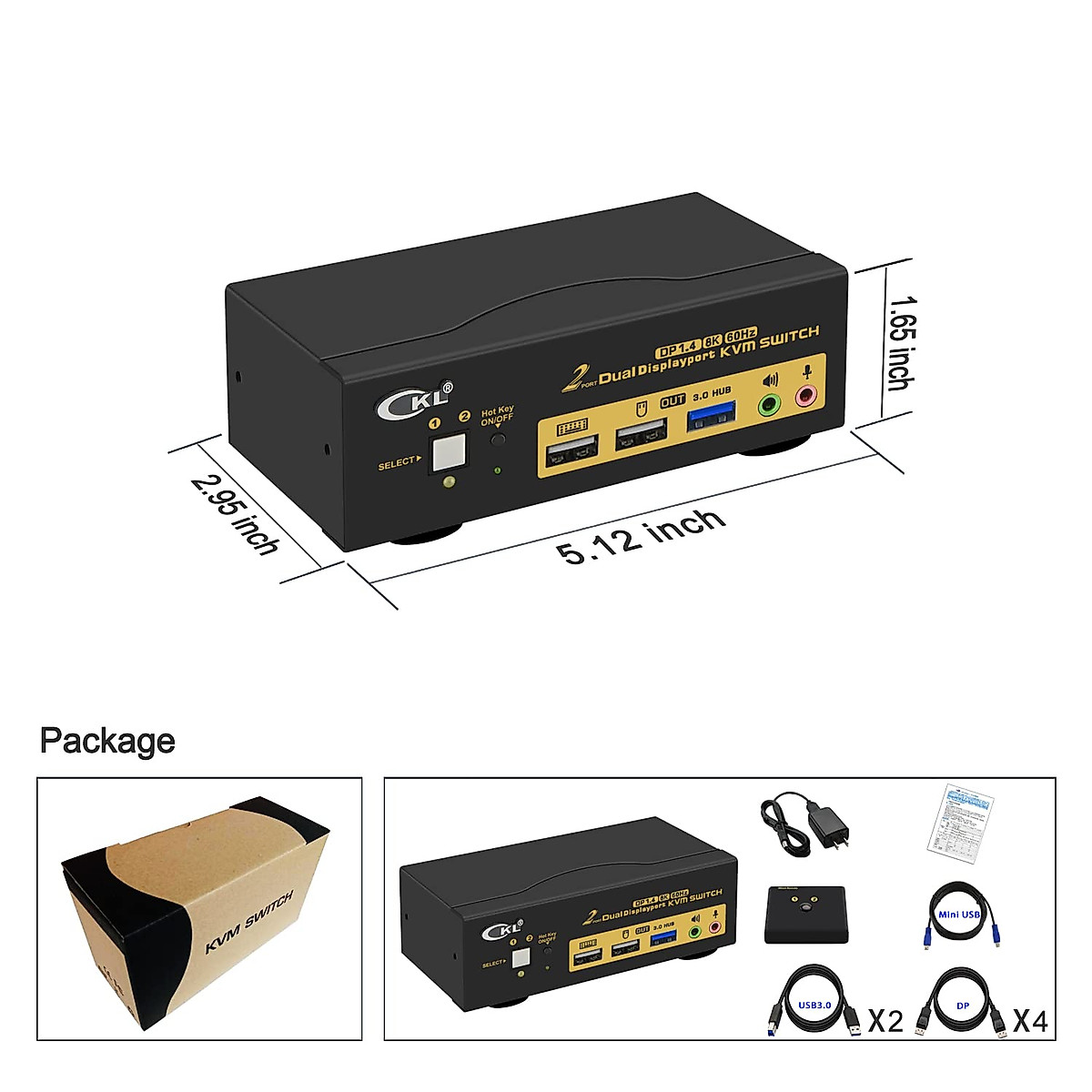 CKL KVM Switch DisplayPort 1.4 8K@30Hz 5K@60Hz 4K@144Hz(2 Computers 2 Monitors)