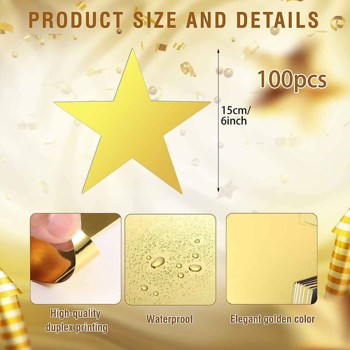 100 Pcs 6 Inch Gold Star Cutouts Double Printed Paper Stars Gold Star Decoration Movie Night Supplies Hollywood Theme Party Red Carpet Party Supplies for Classroom Wall Party