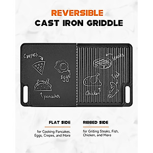 DARTMOOR 2-in-1 Reversible Cast Iron Griddle, 18 in Pre-Seasoned Cast Iron Grill Pan with Pan Scrapers, Double Side Rectangular Frying Pan with Non-Stick Surface, Indoor & Outdoor Use