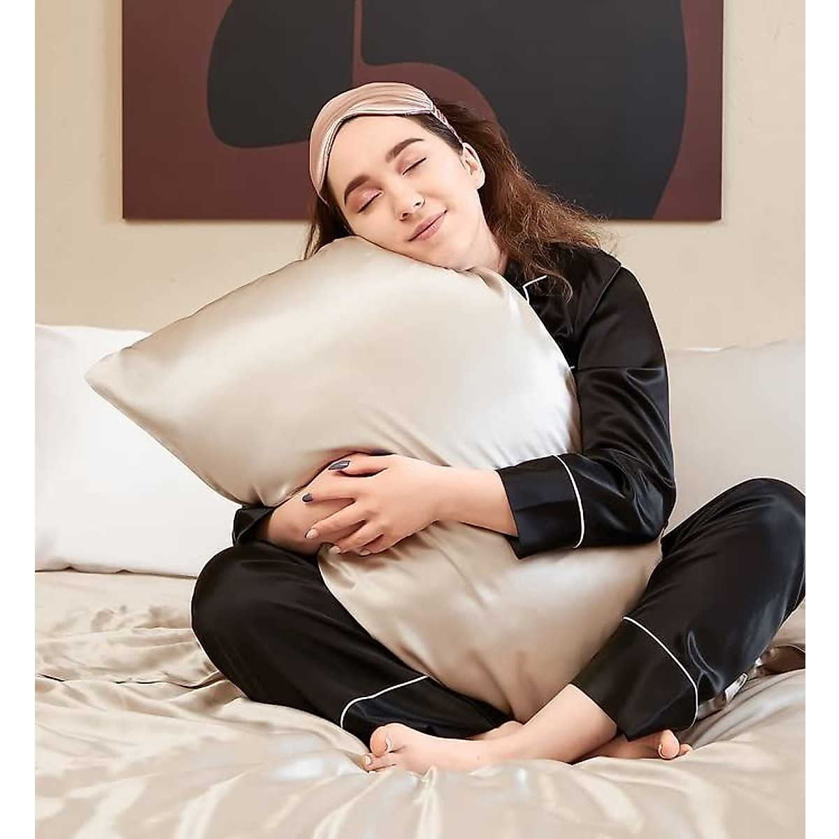 Samring Womens Silk Satin Pajamas Long Sleeve Loungewear Two-Piece Sleepwear Button-Down Pj Set Black XL