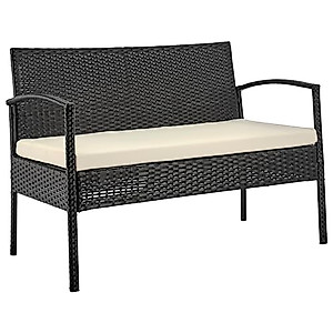 Manhattan Comfort Noli 4-Piece Patio Conversation Set, Outdoor Furniture Made of Steel Rattan | Includes 2 Modern Armchairs, Loveseat, Tempered Glass Coffee Table, Removable Waterproof Cushions, Cream