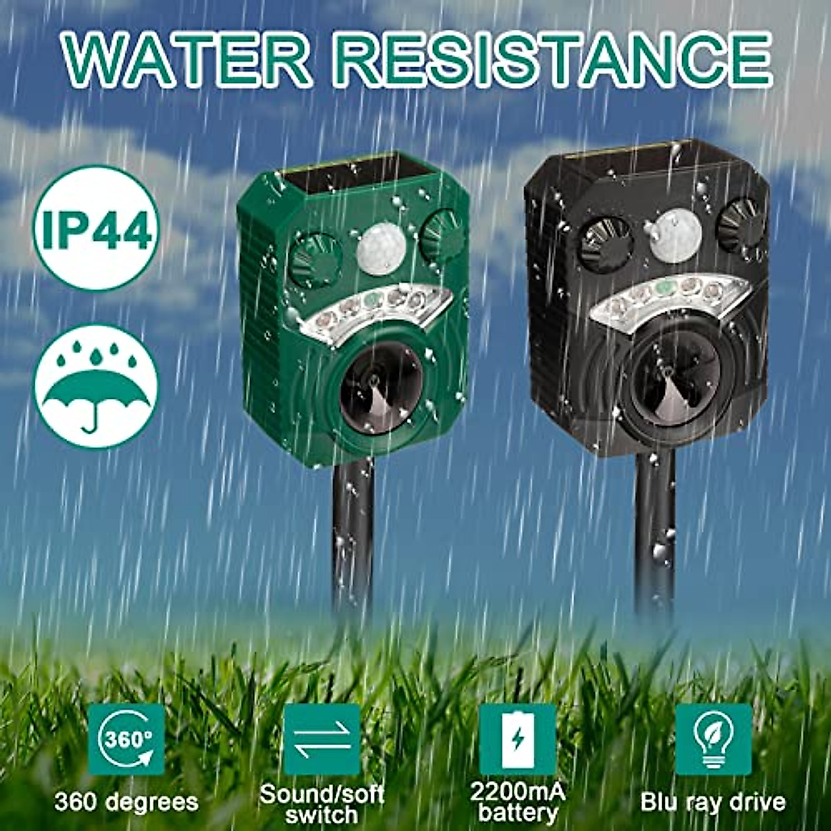 Ultrasonic Animal Repellent Solar Animal Repeller Ultrasonic Dog Repeller Deer Deterrent Deer Repellent Device Repels Cat Deer Raccoon Dog Rabbit Skunk Squirrel for Outdoor Yard, Black, Green (2 Pcs)