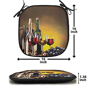 Lunarable Wine Chair Cushion Pads Set of 4, Grapes Wine Bottles and Glasses Picture Printed Art Romantic Drink Gourmet, Anti-Slip Seat Padding for Kitchen & Patio, 16"x16", Fawn and Yellow