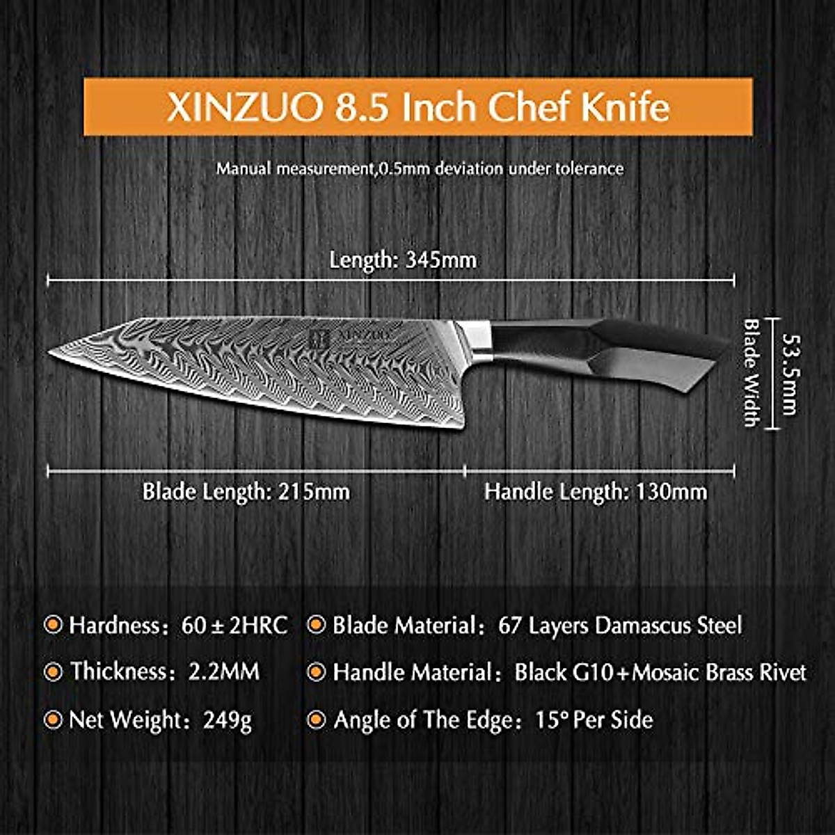 XINZUO Damascus Steel Chef Knife, 8.5 inch Kiritsuke Kitchen Knife Professional Forged Gyuto Cooking Knife, Military Grade G10 Handle with Magnetic Sheath -Feng Series