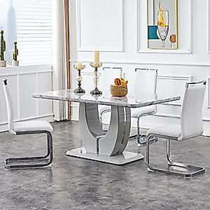 Pvillez Contemporary Dining Table for 6-8, High Gloss Kitchen Dining Room Table with Faux Marble Top and U Shape Wood Pedestal Base, 63" Rectangular Dining Table for Dining Room Kitchen Living Room