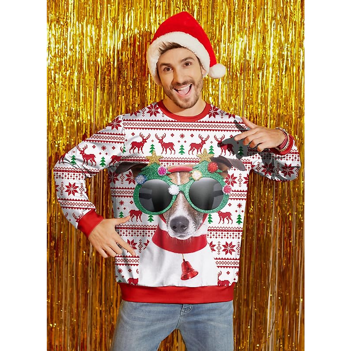 Arvilhill Christmas Mens 3D Printed Party Funny Xmas Sweater Ugly Holiday Long Sleeve Sweatshirt Sunglasses Dog L