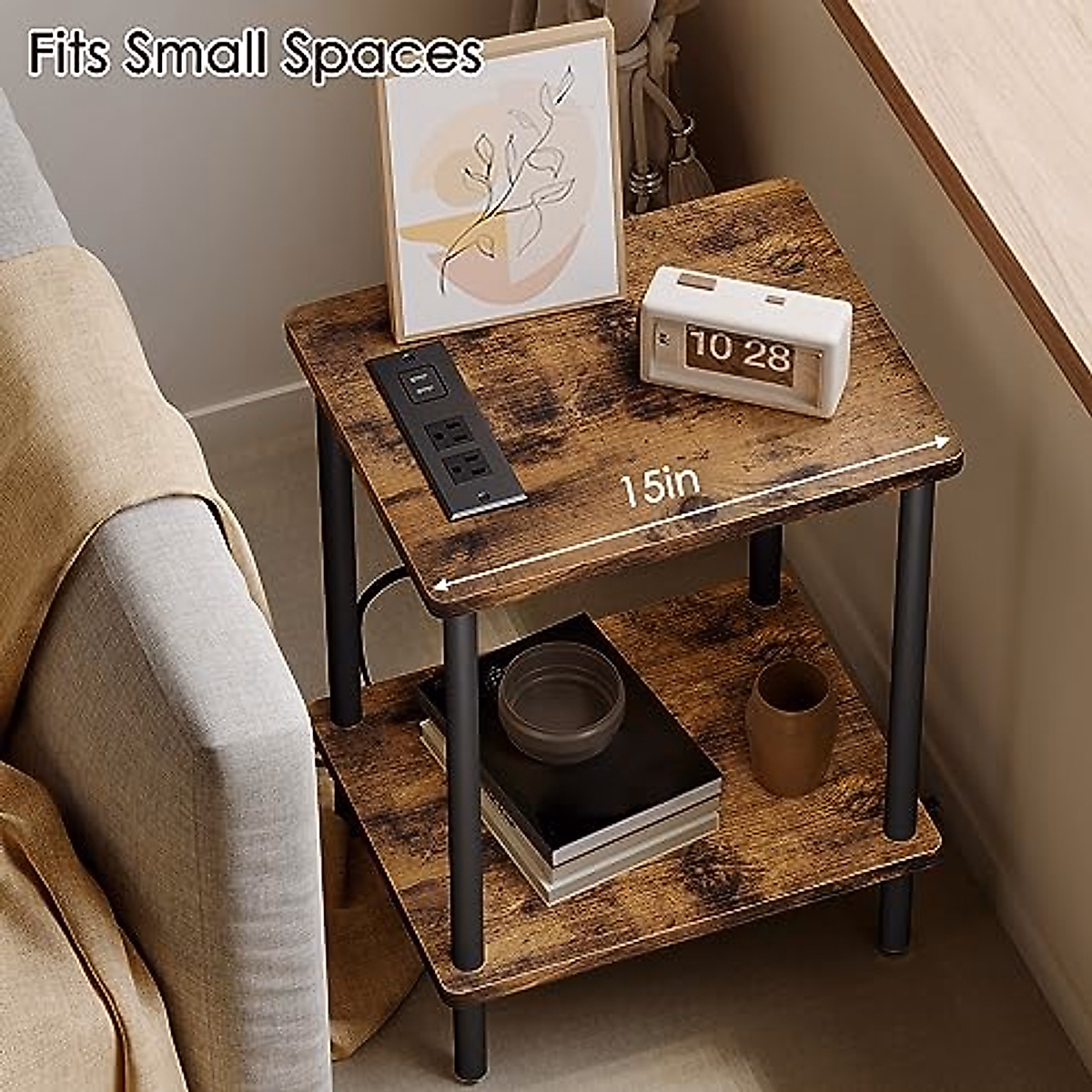 Fixwal 2-Tier Nightstand with Charging Station, End Table Set of 2, Side Table with USB Ports and Power Outlets, Side Table for Living Room, Bedroom, Rustic Brown and Black