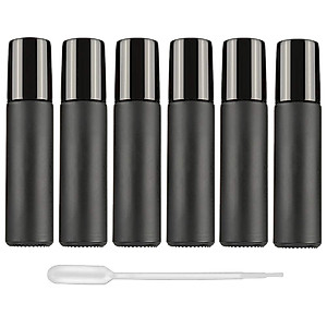 Essential Oil Roller Bottles, 6Pcs 10ml Black Glass Roller Bottles Vials Containers with Metal Roller Ball and black cap for Essential Oil Aromatherapy Perfume Cosmetic Skincare Liquid, 1 Dropper