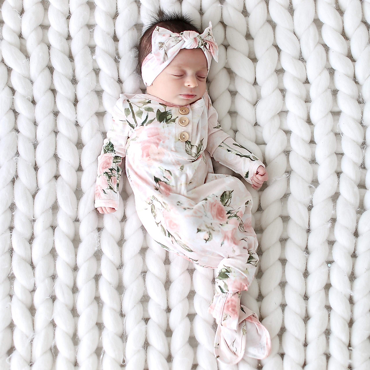 Posh Peanut Newborn Knotted Baby Gowns 0-3 Months - Easy-Tie Hospital Outfit Viscose from Bamboo Sleepers for Baby Boy & Girl, Vintage Pink Rose