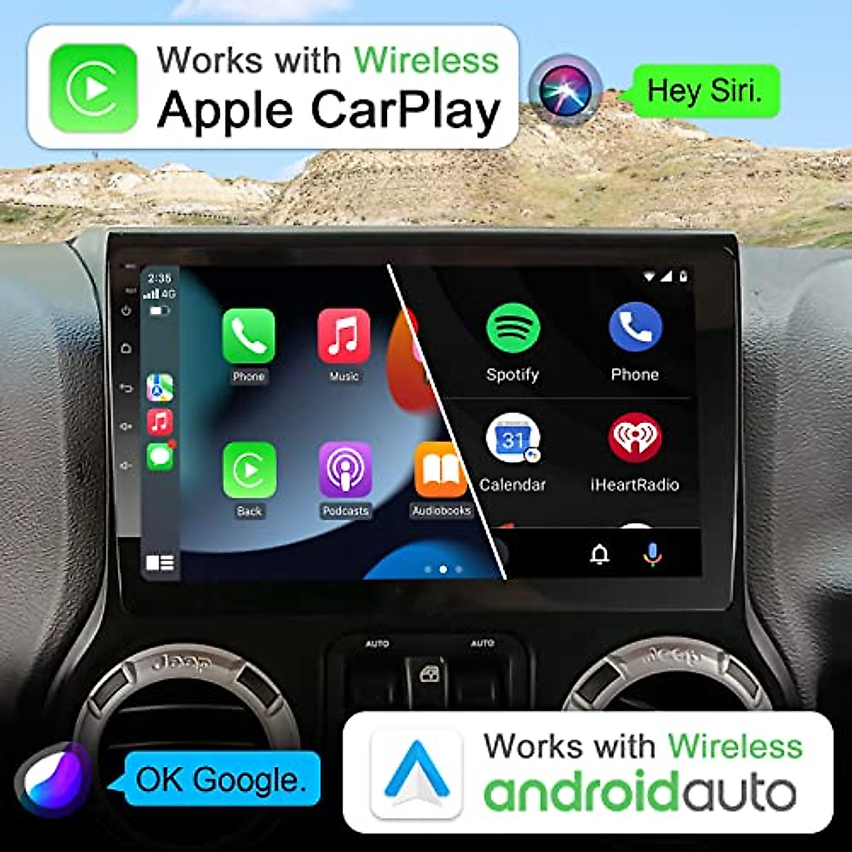 IYING 6G+64G Android Car Stereo for Jeep Wrangler 2011 2012 2013 2014 Wireless CarPlay Wireless Android Auto 10.1 Inch Car Radio QLED Touch Screen AM/FM WiFi Dual Bluetooth GPS Navigation Headunit